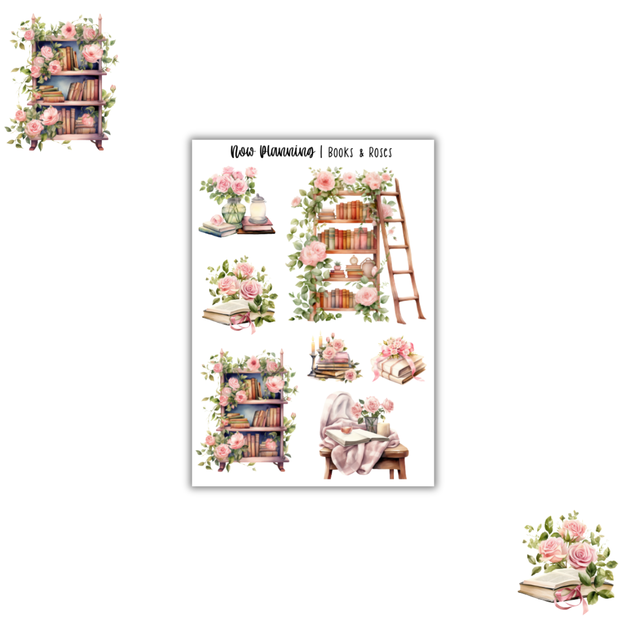 Books & Roses Sticker Sheet | Book Reading Stickers | Journal Stickers ...